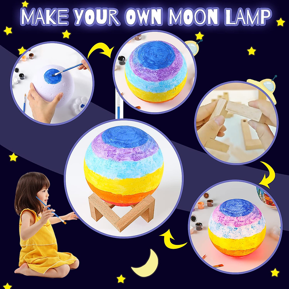 Paint Your Own Moon Lamp Kit, Valentines Crafts DIY 3D Moon Lamp Galaxy Light Art Supplies for Kids 9-12, Arts and Crafts for Kids Ages 8-12, Toys Boys Girls Birthday Gifts Ages 4 5 6 7 8 9 10 11 12+