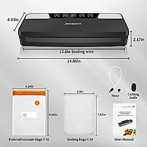 Jenawin Vacuum Sealer Machine,80kpa Full Automatic Food Seal a Meal Sealer,Portable Dry/Moist for Airtight Food Storage with 20 Vacuum Seal Bags & 1 Air Suction Hose and Cutter Kit