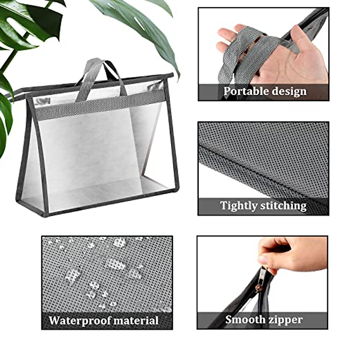 Shappy 10 Pieces Handbag Storage with 2 Pieces Hangers Clear Purse Organizer Dust Cover Organizer Bags for Closet Handbag Wallet Closet Storage Bag with Zipper and Handle (Grey)