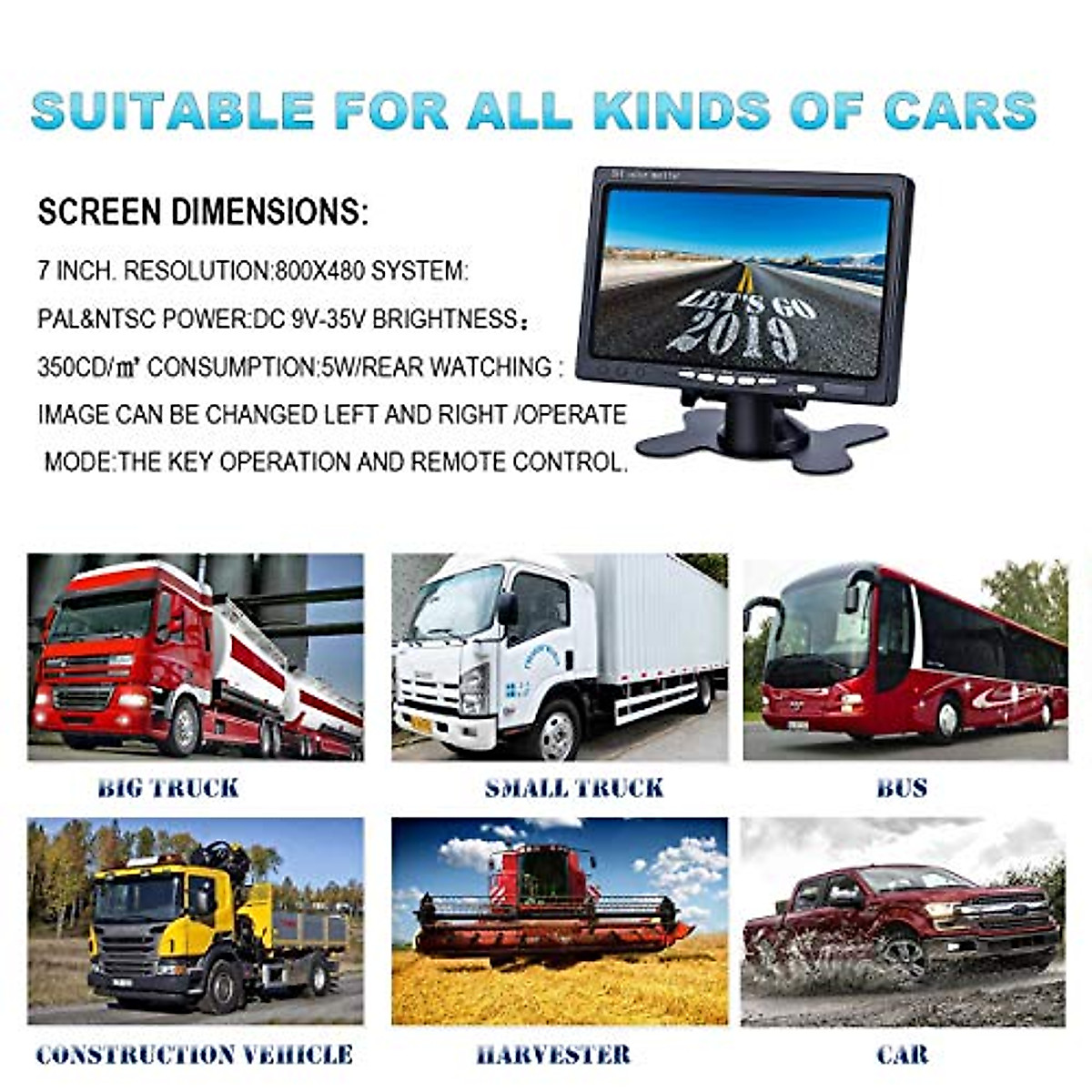 JPP Backup Camera Monitor 7 Inch Rearview Reversing LCD Monitor, Backup Monitor for car Two Video Input Plug V1/V2 Car Rearview Cameras for RV, Truck, Pickup, Van