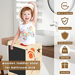 5-in-1 Toddler Tower, Children's Helper Stool, Montessori Toddler Standing Tower, Foldable Toddler Learning Tower, Natural Wooden, White, and Black Activity Chalkboard
