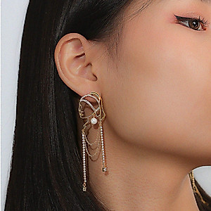 Unique abstract face Art earrings dangle statement long earrings for women rhinestone tassel handwork earrings jewelry fashion chandelier earrings (gold)