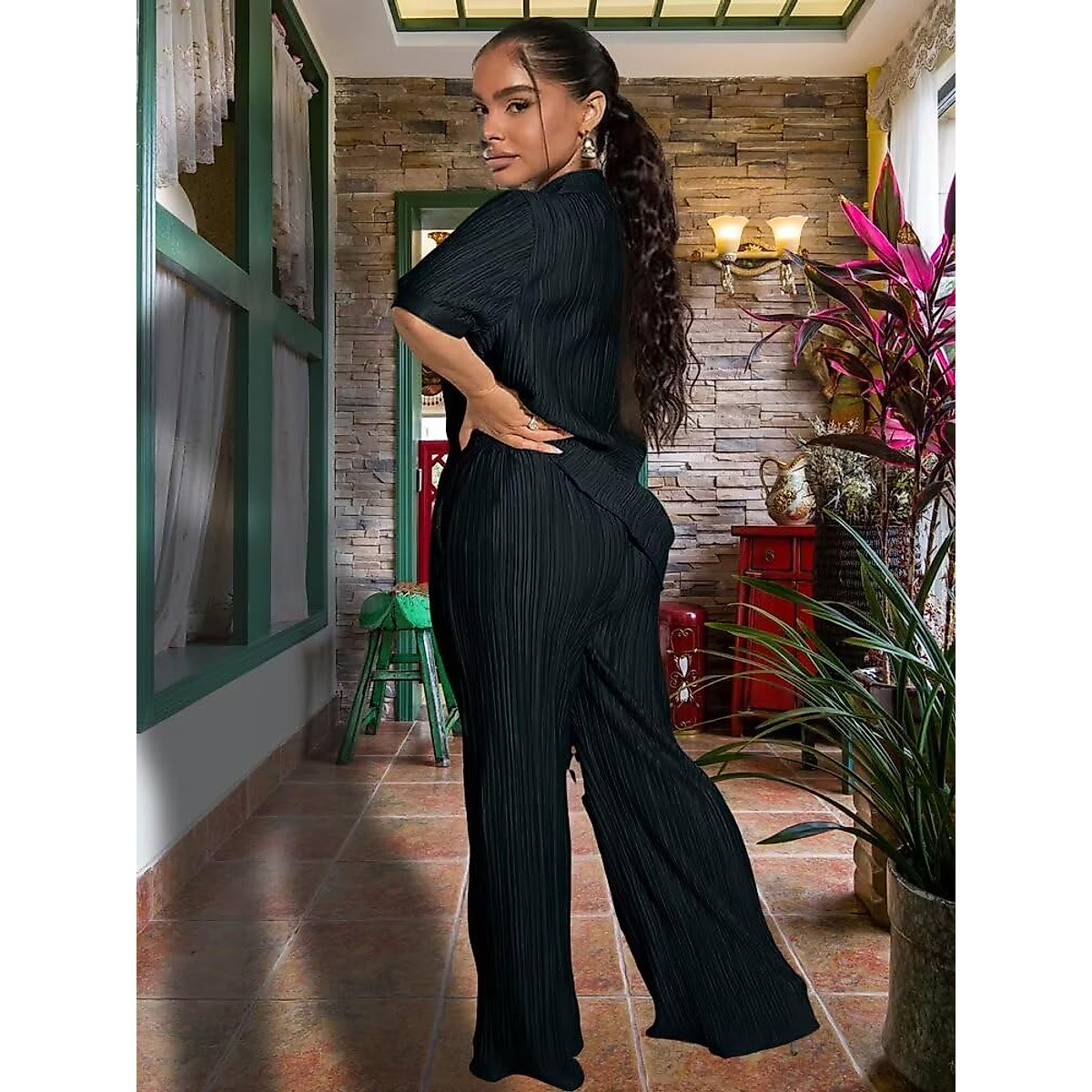 Ekaliy Women 2 Piece Dressy Outfits Short Sleeve Button Down Shirts Blouses Tops Wide Long Pants Summer Tracksuit Black 2XL