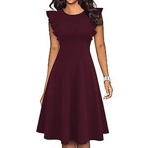 IHOT Wedding Guests Dress for Women Vintage Crew Neck Ruffle Sleeve Flared Casual Swing Church Party Date Night Bridemaid Cocktail Dresses with Pockets Wine Red Medium