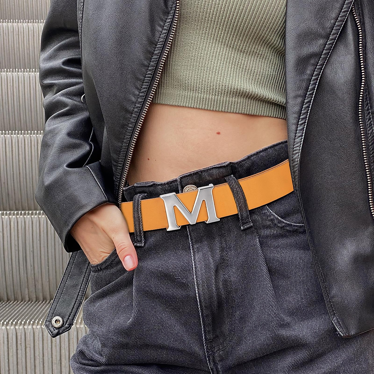 maikun Womens Leather Belts Removable Letter M Plate Buckle Waist Belt 1.18" Width, Brown Waist Size 30-34''