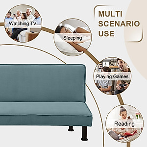 SumKea 64'' Futon Bed Velvet Upholstery with 3-Position Adjustable Backrest – Multi-Functional Sleeper Sofa for Home and Office, Light Green