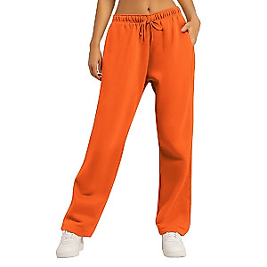 AUTOMET Women's Wide Leg Sweatpants Fleece Lined Baggy Straight Leg Lounge Pants Fall Outfits Athletic Joggers with Pockets Orange S