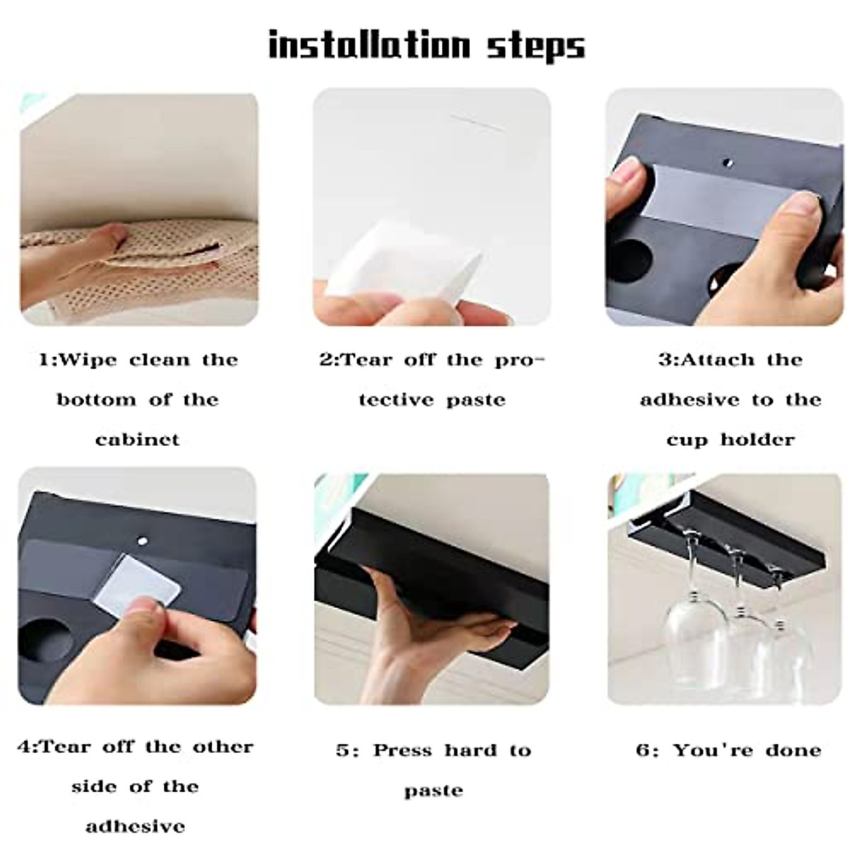 BTHLYES 2 Pack Wine Glass Rack - Punch-free Under Cabinet Stemware Wine Glass Holder Glasses Storage Hanger plastic Organizer for Bar Punch-free self-adhesive（Black）