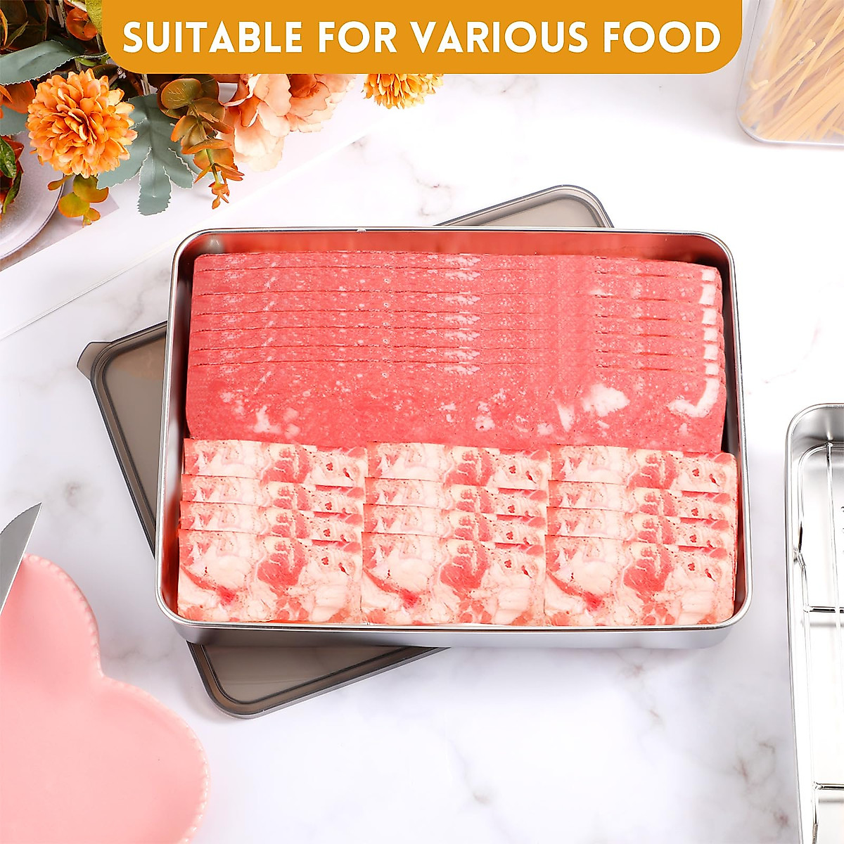 Maxcheck 2 Pack Bacon Container for Refrigerator 304 Stainless Steel Airtight Deli Meat Storage Containers Large Food Storage Containers with Lids and Elevated Base for Fridge