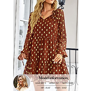 KIRUNDO Women's 2024 Fall Long Sleeve Gold Polka Dot Cute Babydoll Dress Casual V Neck Loose Tiered Flowy Mini Dress(Caremel, Medium)