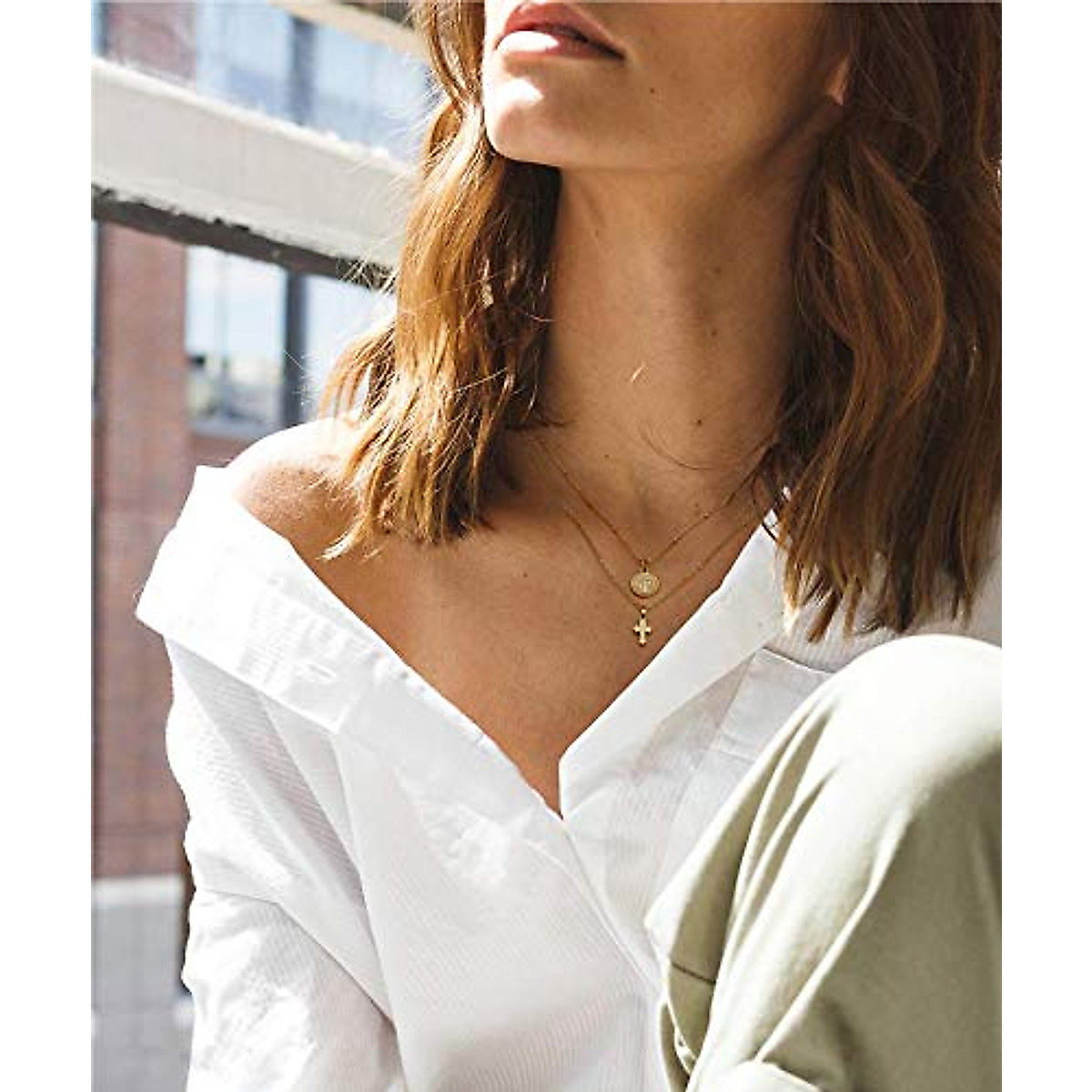 Dainty Tiny 18K Gold St Benedict Medals Layered Cross Necklace for Women Delicate Simple Cute Coin Pendant Statement Double Layering Chain Necklaces Evil Protection Religious Jewelry Catholic Gifts