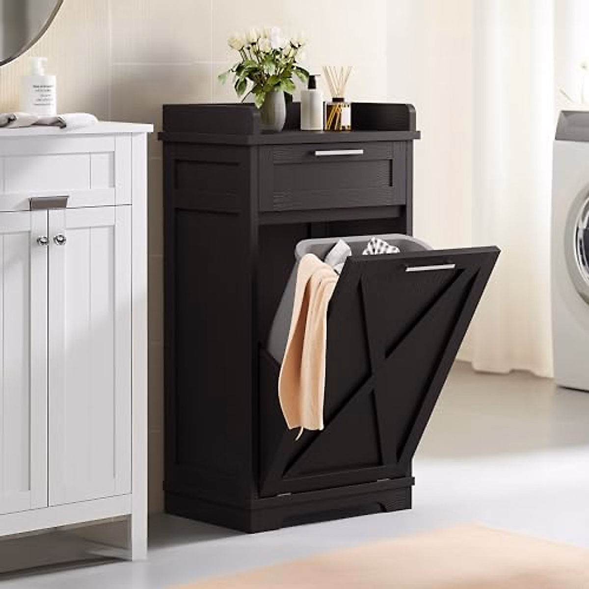 DWVO 10 Gallon Trash Cabinet with Storage Cabinet ＆ Drawer, Wooden Tilt Out Trash Cabinet Hidden Garbage Bin Cabinet, Tilt-Out Hamper for Kitchen Island, 20.5" W x 14" D x 39" H, Black