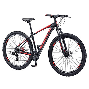 Schwinn Bonafide Men and Women Mountain Bike, Front Suspension, 24-Speed, 29-Inch Wheels, 17-Inch Aluminum Frame, Matte Black/Red