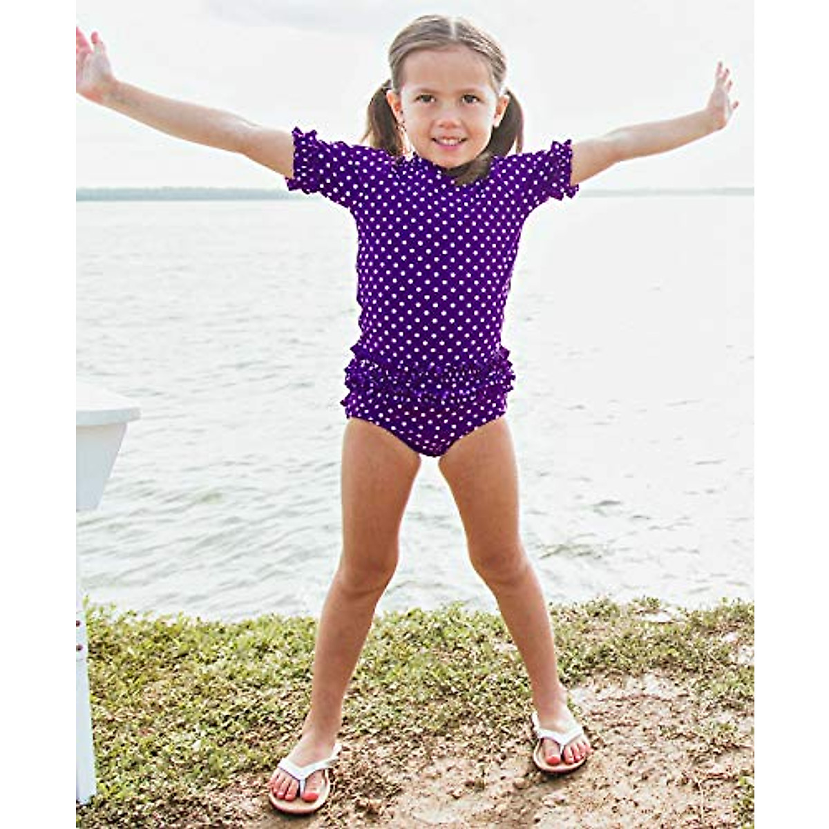 RuffleButts® Girls Rash Guard 2-Piece Swimsuit Set - Purple Polka Dot Bikini with UPF 50+ Sun Protection - 4T