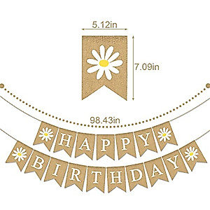 Pudodo Jute Burlap Daisy Themed Happy Birthday Banner Spring Summer Birthday Party Nursery Kitchen Mantle Fireplace Decoration