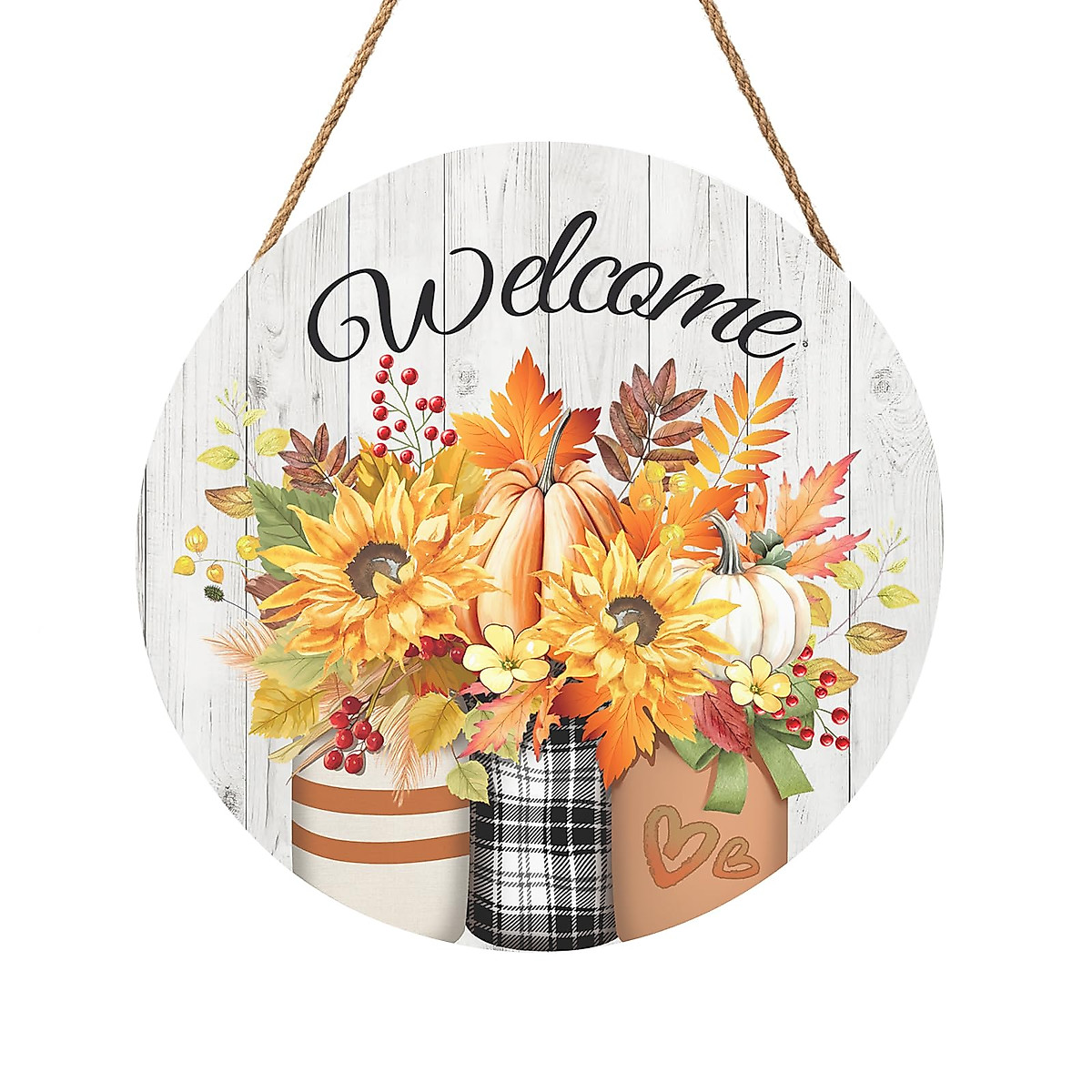 Fall Welcome Sign Door Sign 12"x12" Rustic Fall Decorations Hanging Door Sign Thanksgiving Farmhouse Welcome Round Wooden Sign for Home Front Door Wall Porch Yard Garden