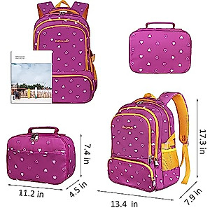 DUPHLAGT Kids Backpack for Girls with Lunch Box, Water Resistant Casual School Bag, Lightweight Elementary Daypack School Backpack for Teen Girls (Purple)