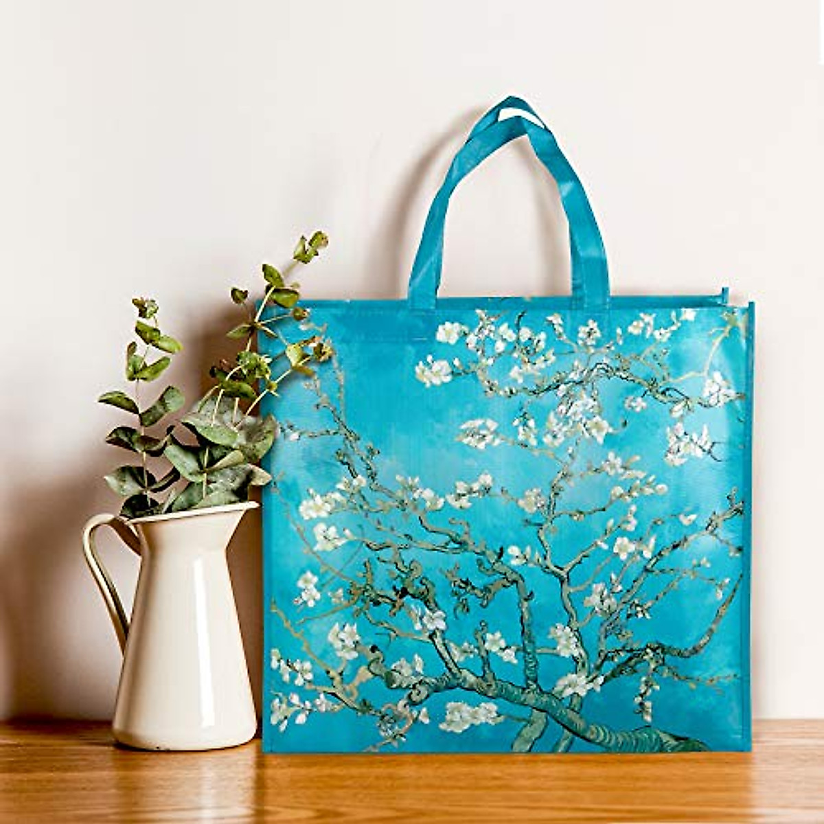 NymphFable 6 Pack Grocery Bags Reusable Almond Blossoms Shopping Bags Waterproof Tote Bag Gift bags 50LBS