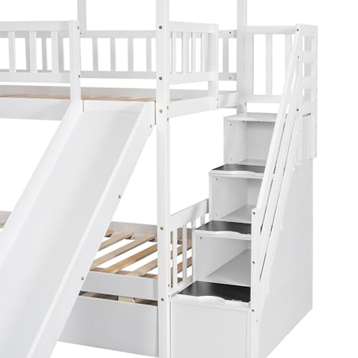 EOVTK Twin Over Twin House Bunk Bed with Trundle and Slide, Wood House Bunk Bed Frame with Storage Staircase, Roof and Window for 3 Kids Boys Girls, White