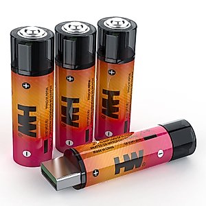 HW USB Rechargeable Lithium AA Batteries, 1500 mWh Li-ion AA Battery USB Rechargeable Constant Output 1.5V, 1.5 Hours Fast Charge Directly,1000+ Cycles Life-Span Double a Battery 4 Packs