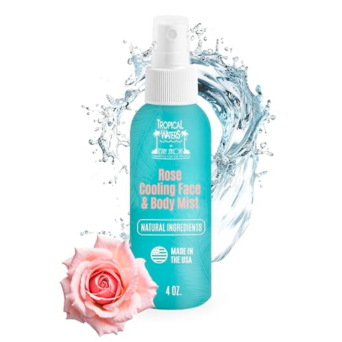 Terry Jacobs Tropical Waters Rose Water Makeup Setting Spray | Alcohol-Free, Oil-Free, Long-Lasting Face & Hair Mist | Travel Size, Hydrating Setting Spray for Makeup, Cruelty-Free Cosmetics | 4 Fl Oz