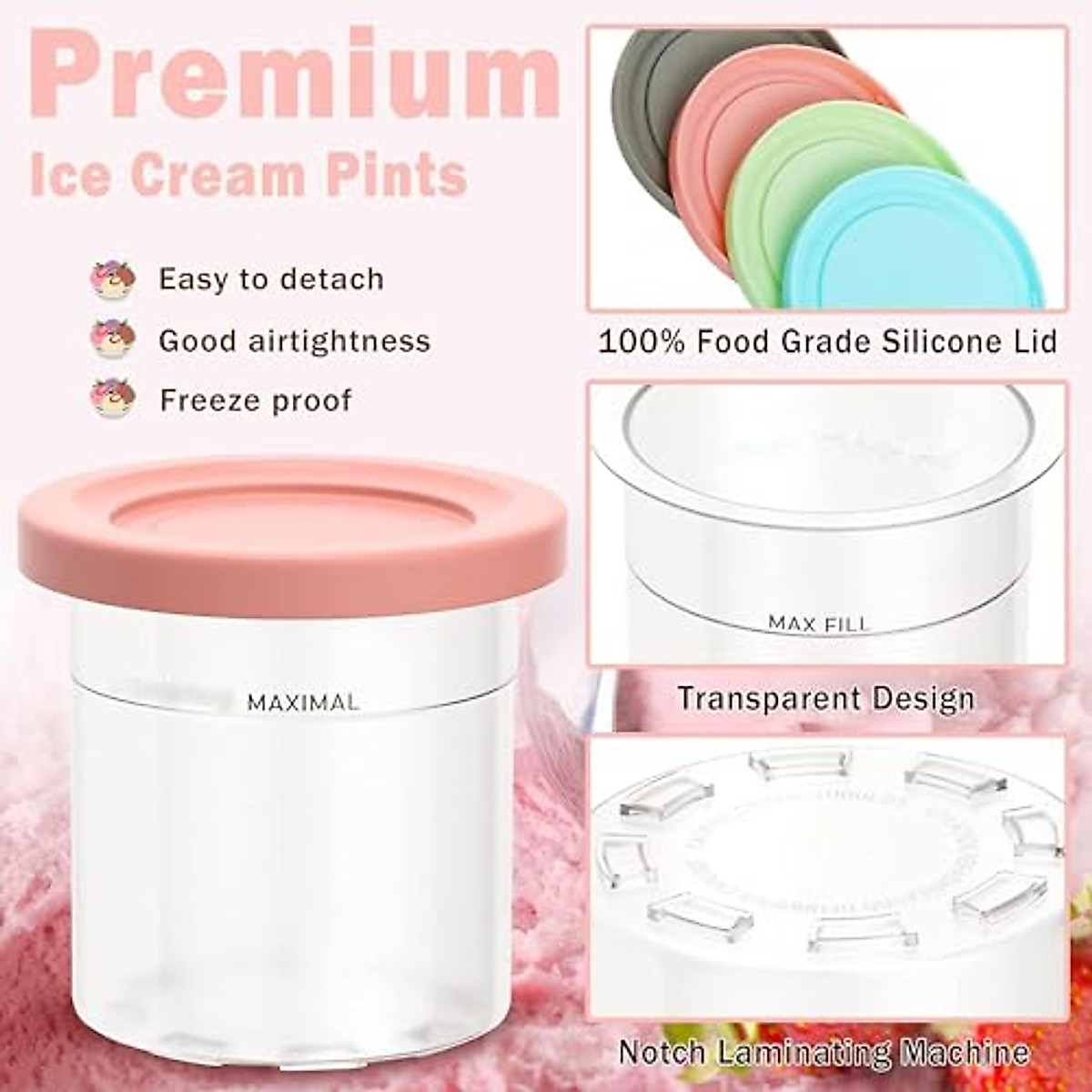 Creami Pints and Lids - 4 Pack, for Creami Ninja Ice Cream Containers,16 OZ Ice Cream Containers for Freezer Reusable,Leaf-Proof Compatible NC301 NC300 NC299AMZ Series Ice Cream Maker