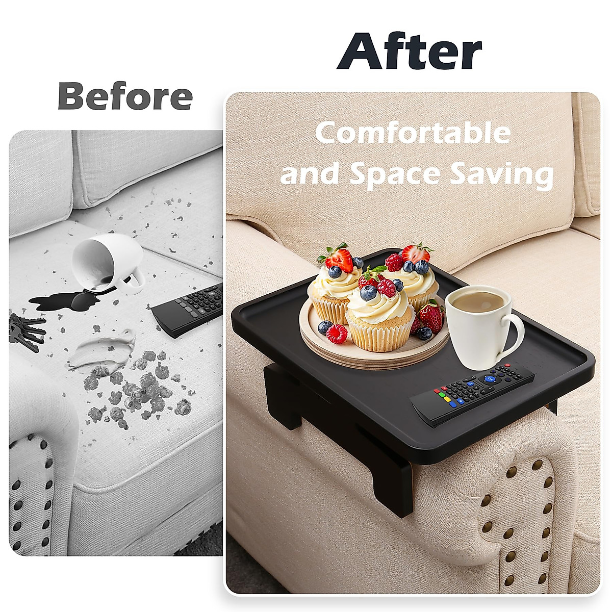 BAMBOOTRAY Clip Tray Side Table,Sofa Clip on Tray for Armrest Tray,Sofa Arm Table with Phone Holder,Couch Table for Living Room Bedroom,TV Tray Table for Eating & Drinking (Black, 13.7" D x 9.8" W)