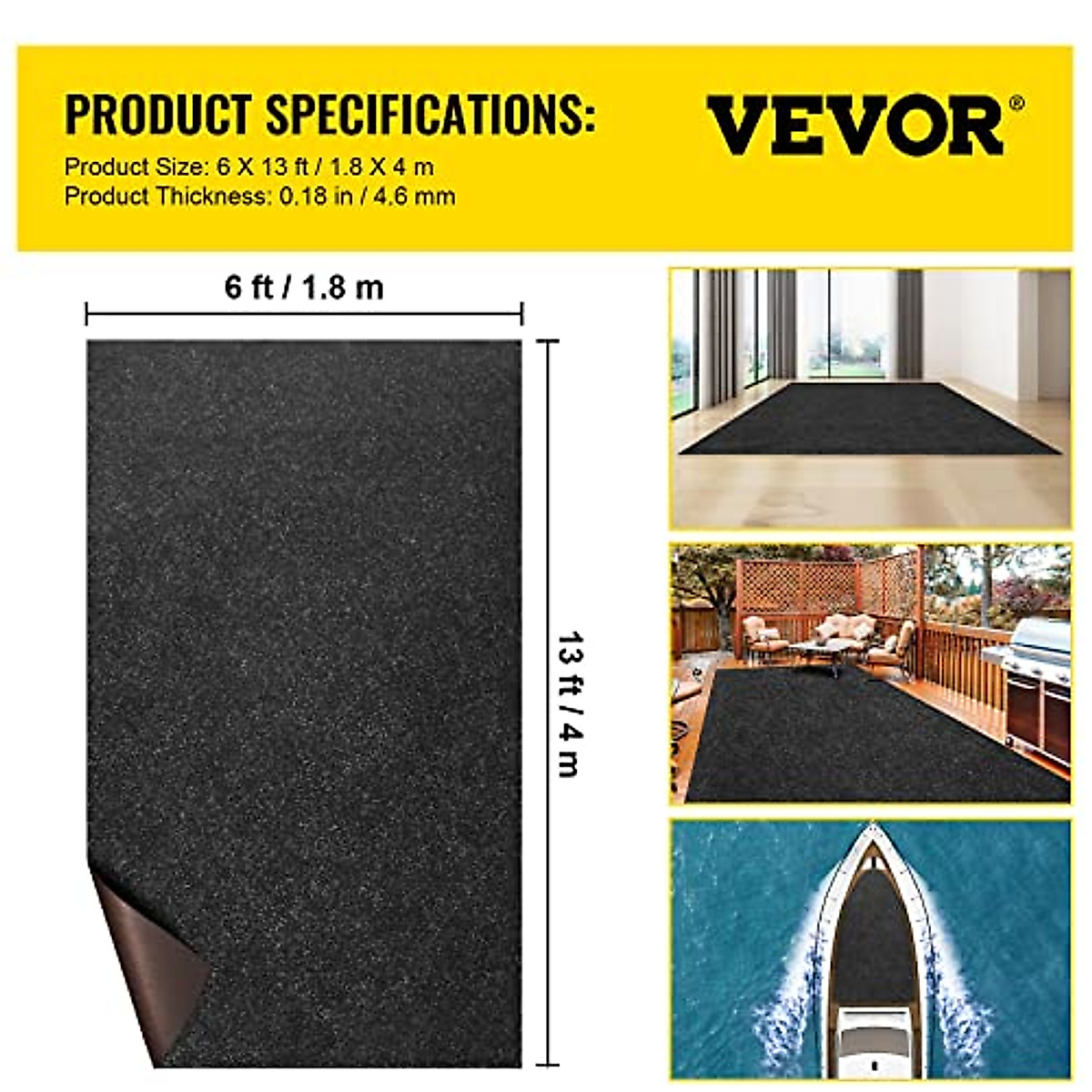 VEVOR Marine Carpet, 6 x 13 ft Boat Carpeting, Charcoal Black Marine Grade Boat Carpet, Indoor/Outdoor Marine Carpeting w/ Water-proof TPR Backing, Water-proof Carpet Roll for Home, Patio, Porch, Deck