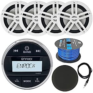 Enrock EM856 Bluetooth AM/FM Radio Digital Media Marine Receiver Bundle Combo with 4x 6.5" 180W Peak Power High Performance White Marine Boat Audio Speakers, Speaker Wire, Radio Antenna, Radio Cover