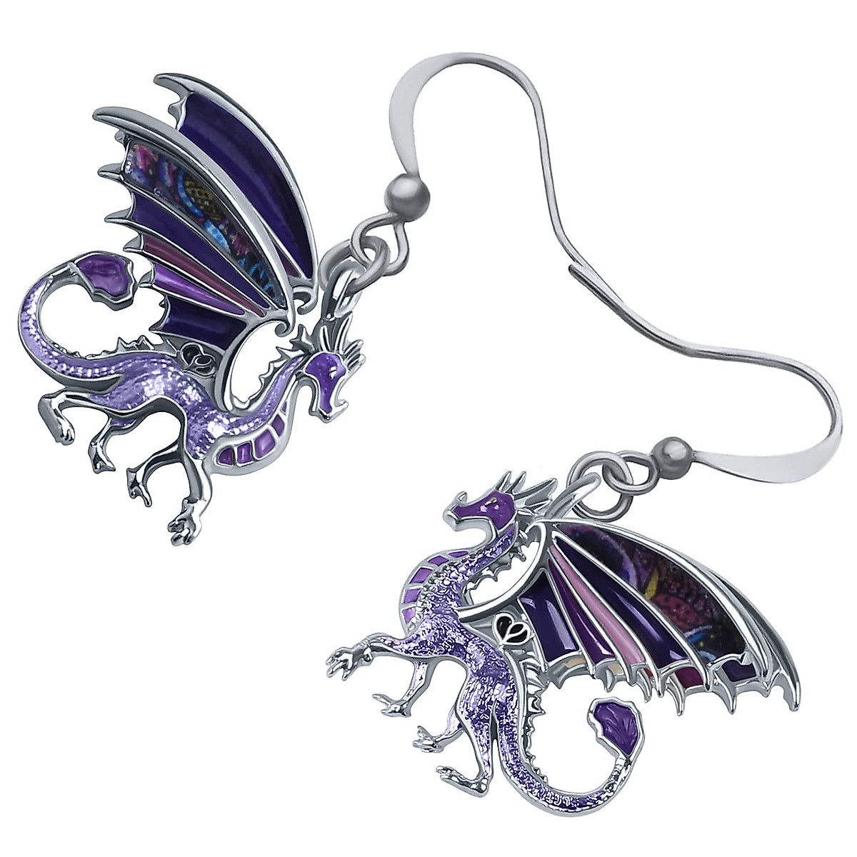 Enamel Alloy Dinosaur Fantasy Dragon Earrings Drop Dangle Unique Animal Jewelry for Women Dragons Gifts (Orchid Purple)