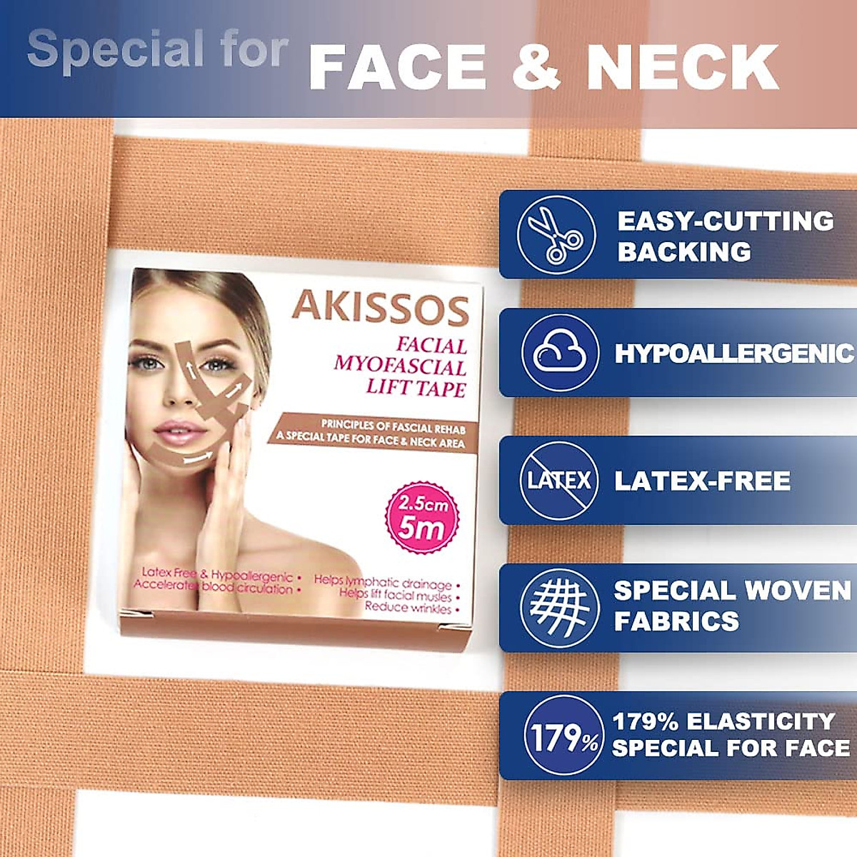 Akissos Facial Myofascial Lift Tape Face Lift Tape Face Toning Belts Anti Wrinkle Patches Anti Freeze Stickers Neck Lift Tape Unisex For Firming and Tightening Skin 2.5cm*5m