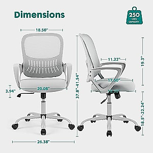 SMUG Ergonomic Chair Computer Gaming with Arms, Home Office Desk with Wheels, Mid-Back Task Rolling with Lumbar Support, Comfy Mesh Swivel Executive, 18.5" D x 20.08" W x 41.5" H, Grey