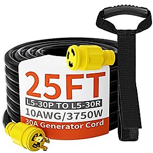 HUANCHAIN 3 Prong 30 Amp Generator Cord 25 Feet Heavy Duty,NEMA L5-30P/L5-30R 10 Gauge 125V SJTW Yellow Lock Generator Extension Cord Waterproof, ETL Listed