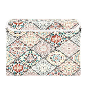 Ollabaky Mexican Mandala Boho Larger Collapsible Storage Bin Fabric Decorative Storage Box Cube Organizer Container Baskets with Lid Handles for Closet Organization, Shelves