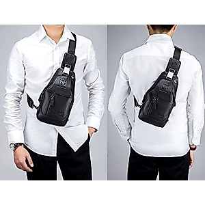 BULLCAPTAIN Genuine Leather Sling Chest Bag Multi-pockets Men Crossbody Bag Travel Casual Small Shoulder Backpack (Black)