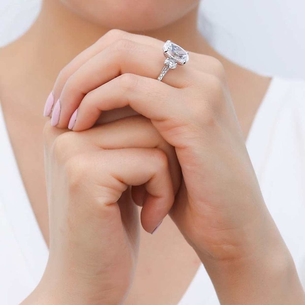 BERRICLE Sterling Silver 3-Stone Wedding Engagement Rings Oval Cut Cubic Zirconia CZ Statement Cocktail Anniversary Ring for Women, Rhodium Plated Size 8