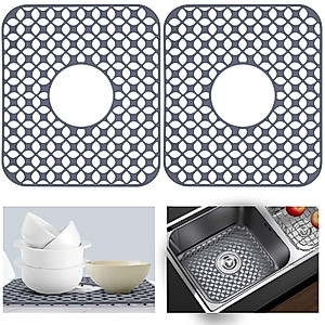 JUSTOGO Silicone Sink Protector, Center Drain Kitchen Sink Mats Grid Accessory, 2 PCS Folding Non-slip Sink Mats for Bottom of Farmhouse Stainless Steel Porcelain Sink ((Light Grey, 13.58"x 11.6")