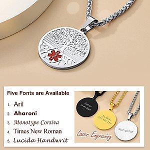 Custom4U Medical Alert Necklace for Women Men Personalized Stainless steel Medical ID Tag Pendant with Free Engraving
