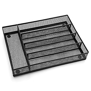LIANYU Silverware Utensil Drawer Organizer, 5 Compartments Steel Mesh Cutlery Flatware Tray with Foam Feet, 9 1/4" W x 12 1/2" L x 2" H, Black
