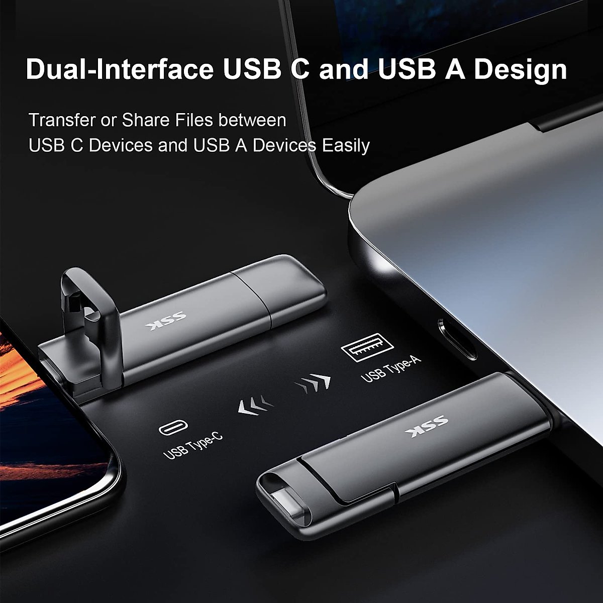 SSK 1TB USB Drive, External SSD Fast 550MB/s 2-in-1 Dual Drive USB Type C+ USB A 3.2 Gen2 Solid State Thumb Drive SSD Stick for iPhone 15/PS4/Android Phone/Tablet/Windows/Mac