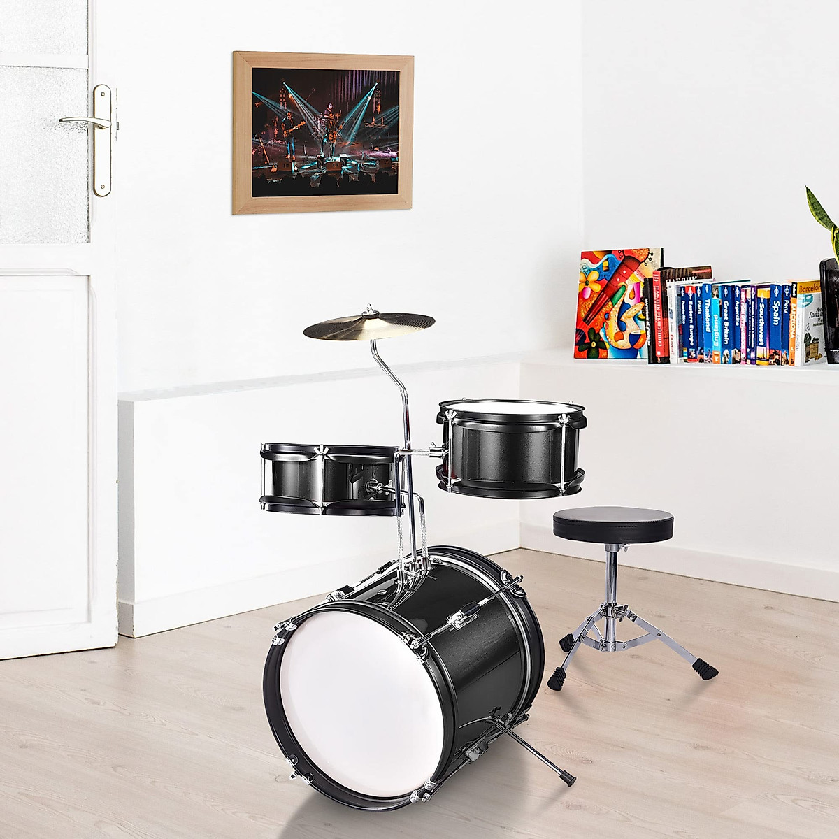 Drum Set 3-Piece Beginner Drum Set Junior Drum Set, Throne Stool, Drum Sticks, Bass Drum Pedal, Black