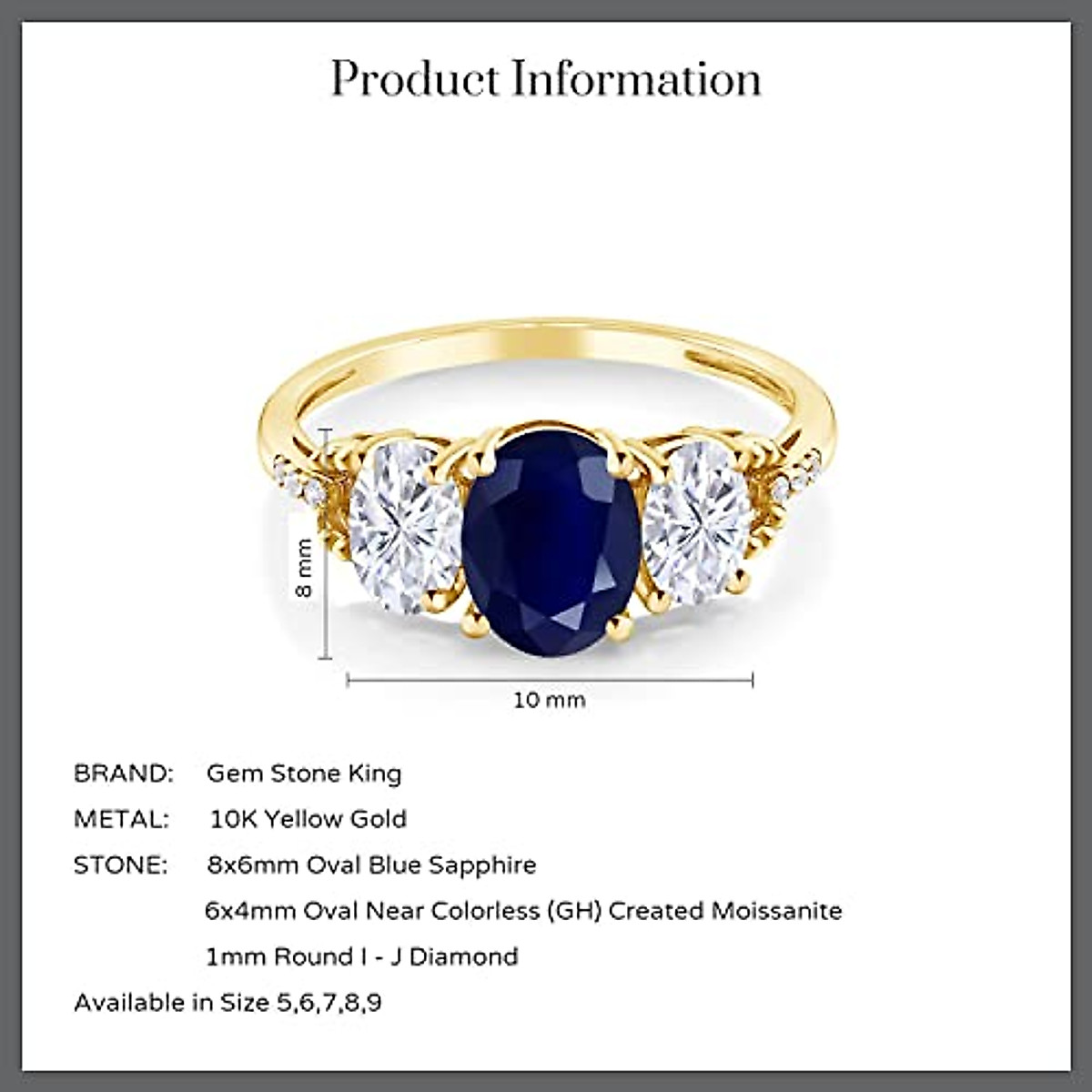 Gem Stone King 2.84 Cttw 10K Yellow Gold Blue Sapphire White Moissanite and Diamond 3-Stone Engagement Ring | Gemstone Birthstone | 3 Stone Wedding Anniversary Promise Ring For Women (Size 7)
