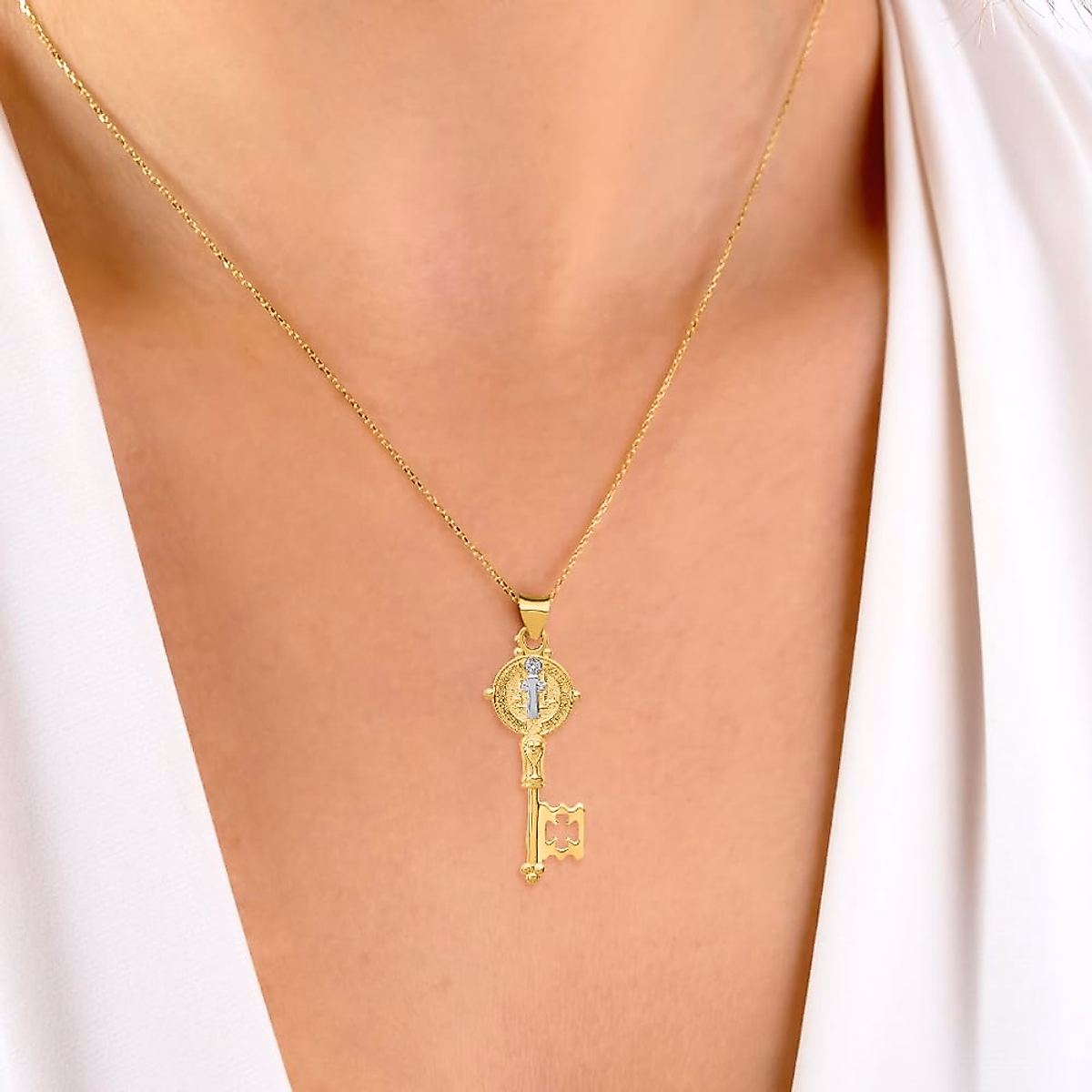 Diamond2Deal Gift for Mothers Day 14K Yellow Gold with Rhodium Plated Religious Crucifix Cross Key Pendant Fine Jewelry for Women (L- 34.25 mm W- 11.6 mm)