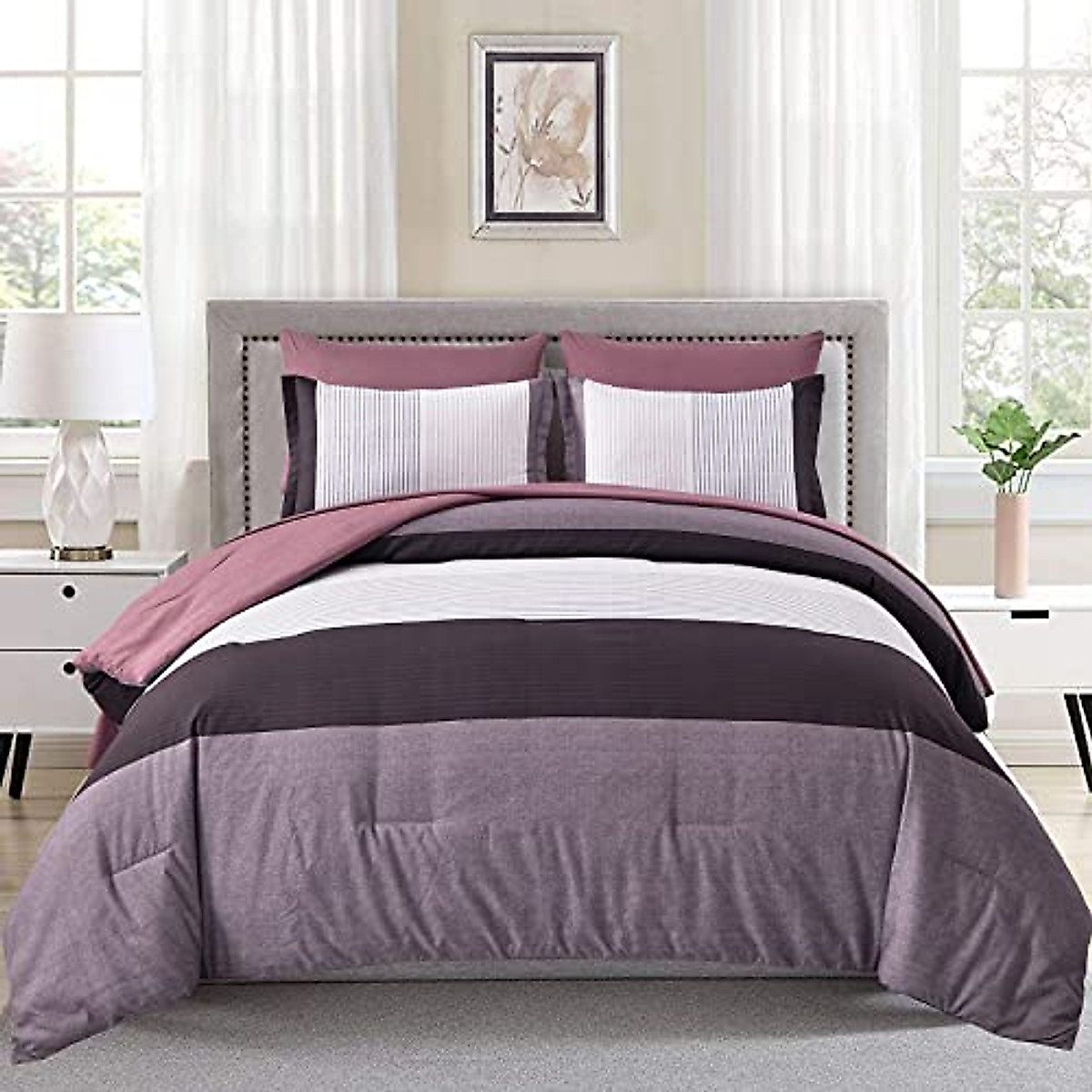 7 Pieces Purple Bed in a Bag Queen Comforter Set Striped Comforter with Sheets and Pillows for Queen Bed - Gradient Light Purple Patchwork Stripe Down Alternative Reversible Bedding Set 90"x90"