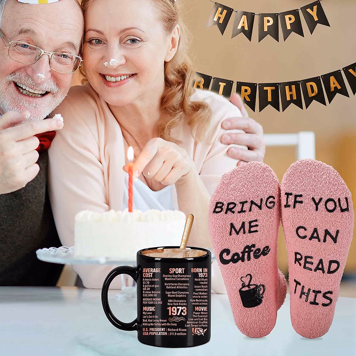 50th Birthday Gifts for Women Friend, Happy 50 Years Old Gift Basket for Mom Aunt Coworker Sister, 50th Birthday Party Decorations, Coffee Mug Cup Spoon and Socks Gifts Set