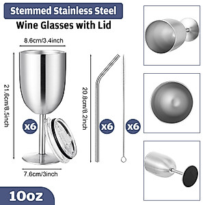 Photect 6 Pack Stemmed Stainless Steel Wine Glasses with Lid 10 oz Double Wall Insulated Wine Tumbler Unbreakable Goblets with Drinking Straw and Straw Brush for Wedding Valentine's Day Party