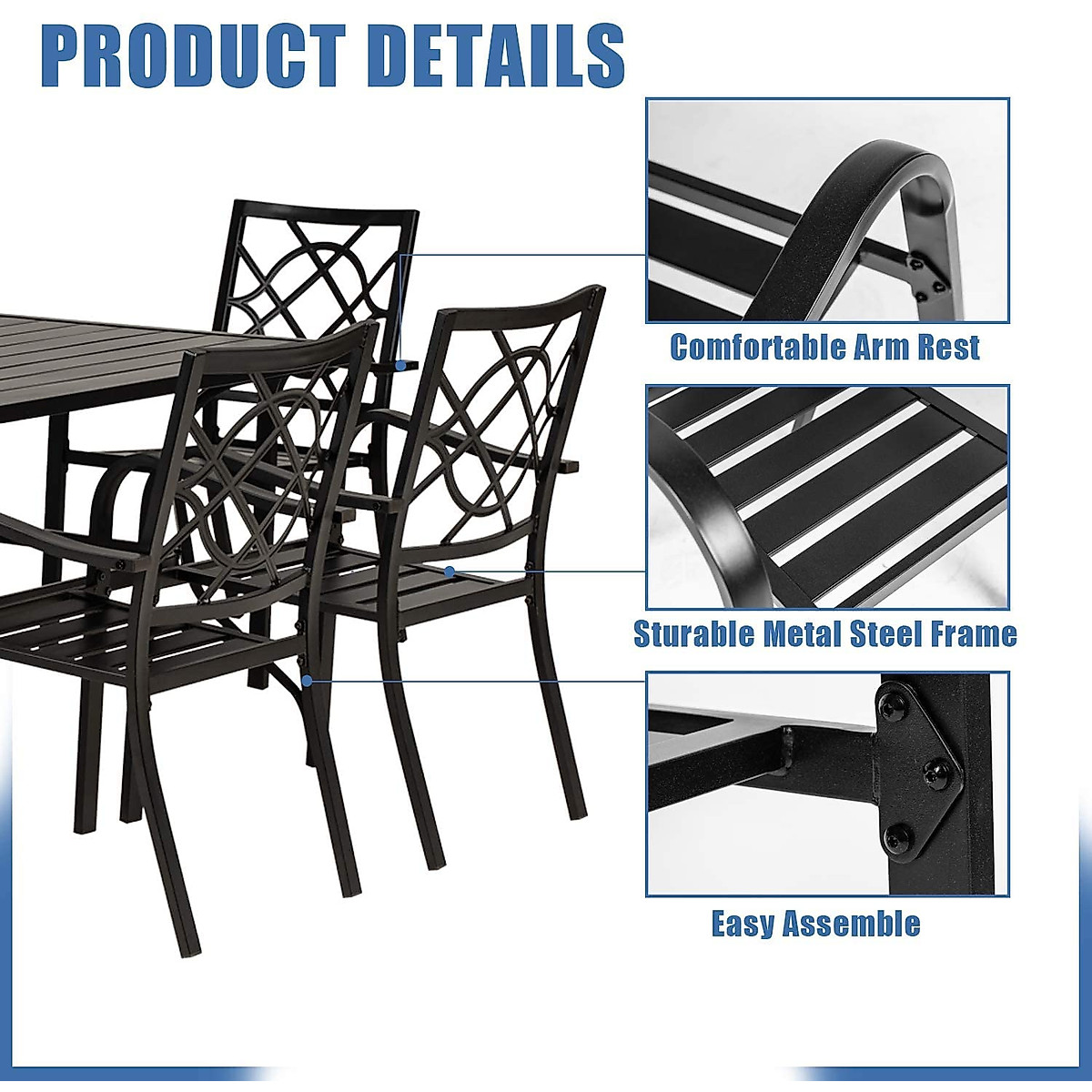 Incbruce 7 Pcs Outdoor Dining Set Wrought Iron Patio Dining Set, Dining Furniture Set (6 Dining Chair and 1 Rectangular Table with 1.57" Umbrella Hole) for Garden,Backyard(Metal Tabletop)