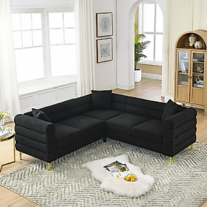 JEEOHEY L Shaped Corner Sofa Couch,Oversize Sofa with 5 Seater,Modern Deep Seat Sofa,Comfy Upholstered Sofa,Teddy Bouclé Cloud Sofa,Furniture for Living Room,Bedroom,Office,Apartment(Black)