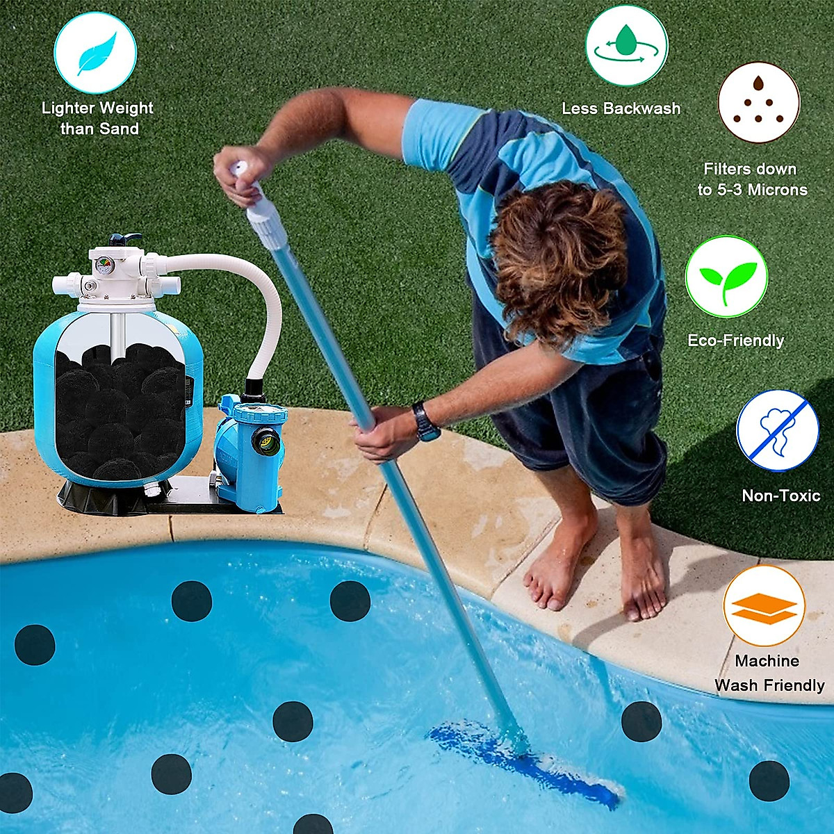 FUNTEKS 3.1 Lbs Pool Filter Balls Eco-Friendly Fiber Filter Media for Swimming Pool Above Ground Pool Hot Tubs Filters Alternative to Sand(Equivalent to 110 Lbs Filter Sand)