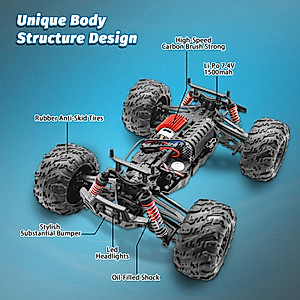 Losbenco High Speed RC Cars 40KPH for Adults, 1:16 Scale Remote Control Car, 4WD All Terrain Off-Road Monster RC Truck with Bright Headlight 2 Rechargeable Batteries for Kids and Adults